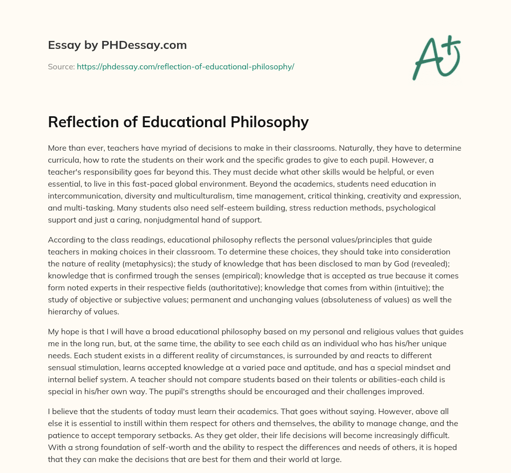 Reflection Of Educational Philosophy 400 Words PHDessay Reflection Of Educational Philosophy 400 Words PHDessay