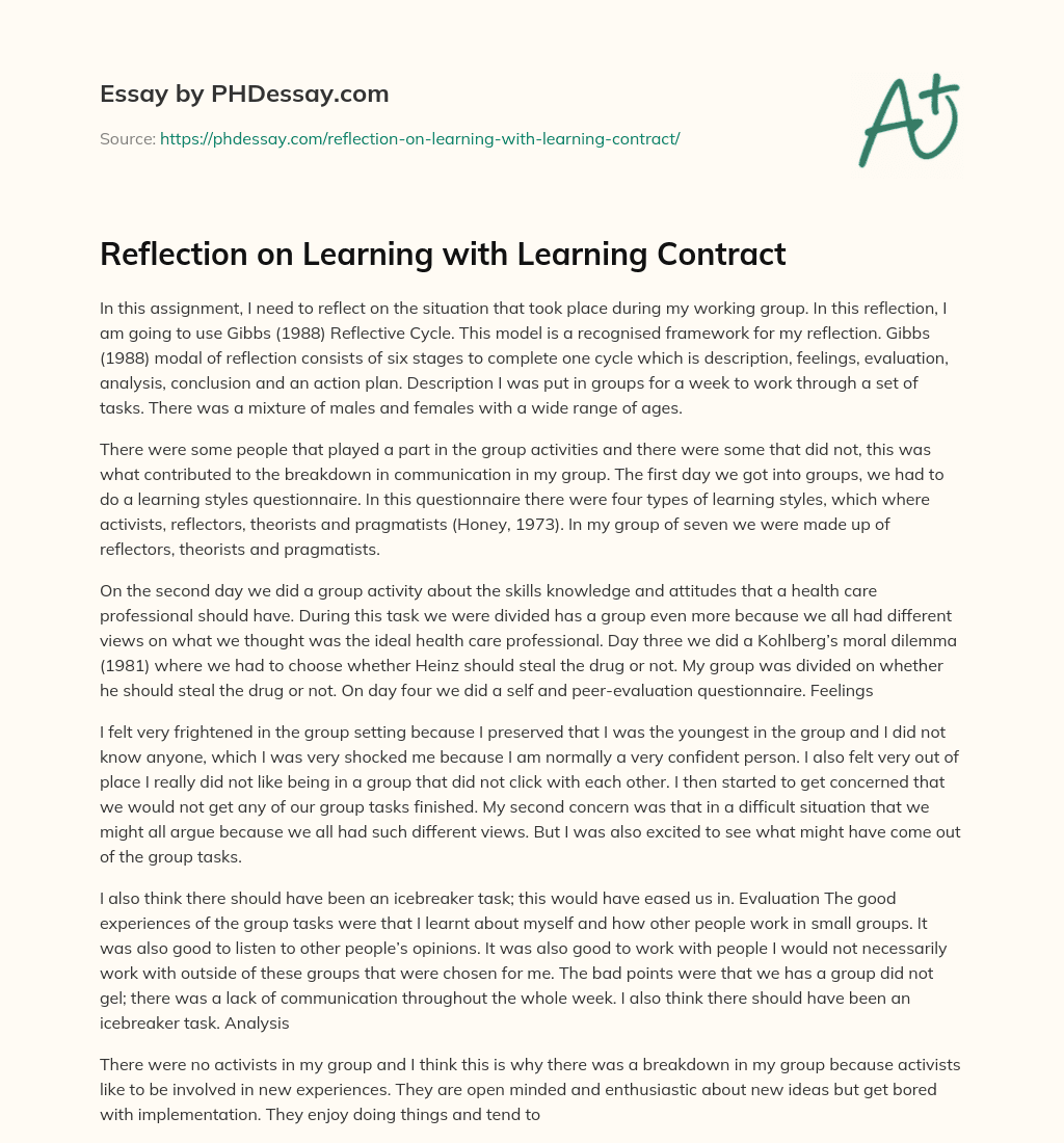 Reflection on Learning with Learning Contract - PHDessay.com