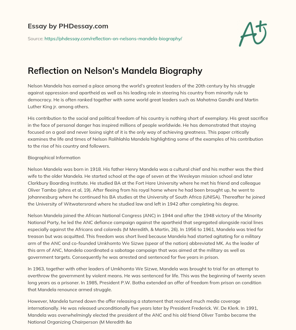 Reflection On Nelson'S Mandela Biography Essay Example - PHDessay.com