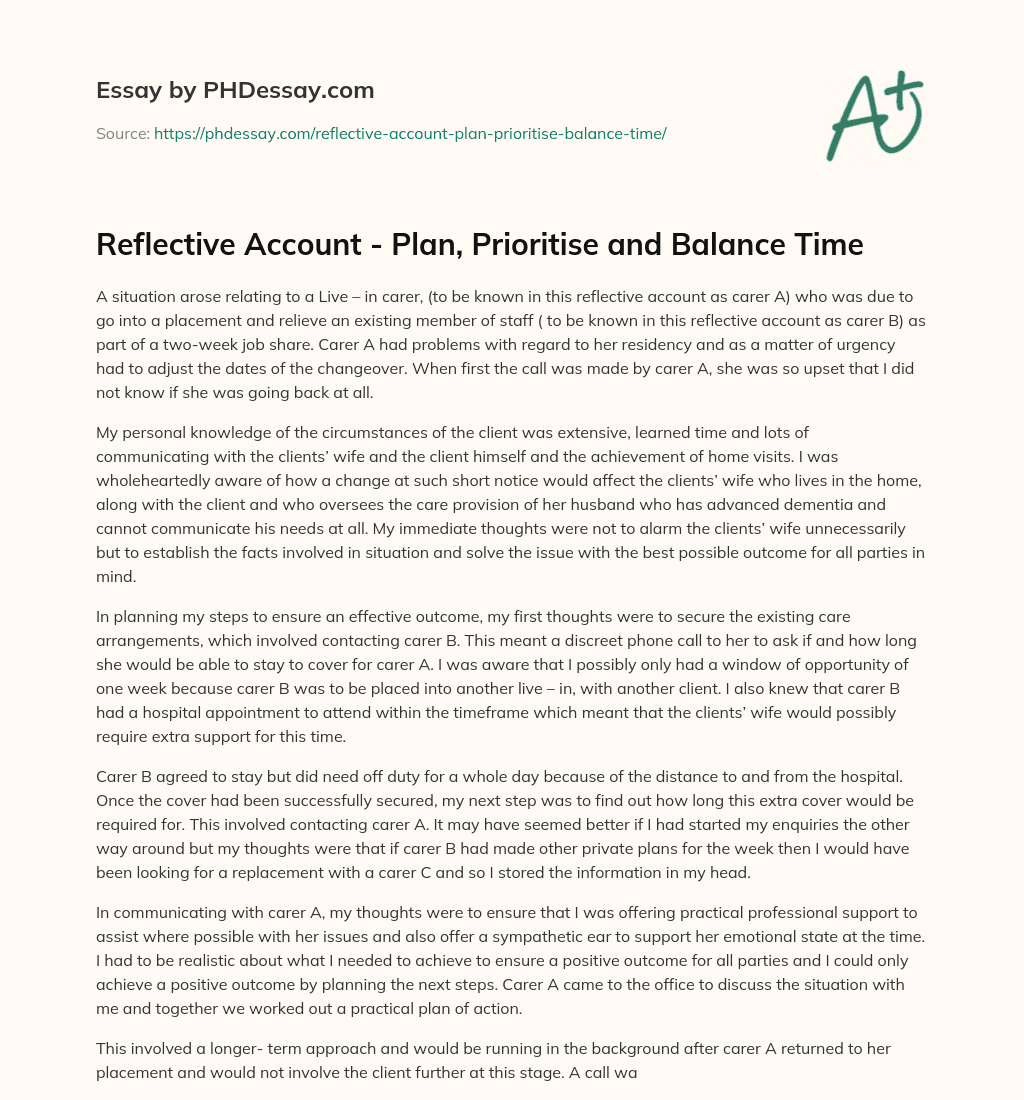Reflective Account - Plan, Prioritise and Balance Time - PHDessay.com