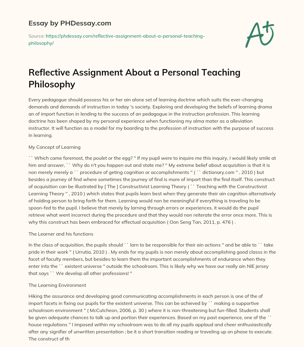 Reflective Assignment About a Personal Teaching Philosophy - PHDessay.com