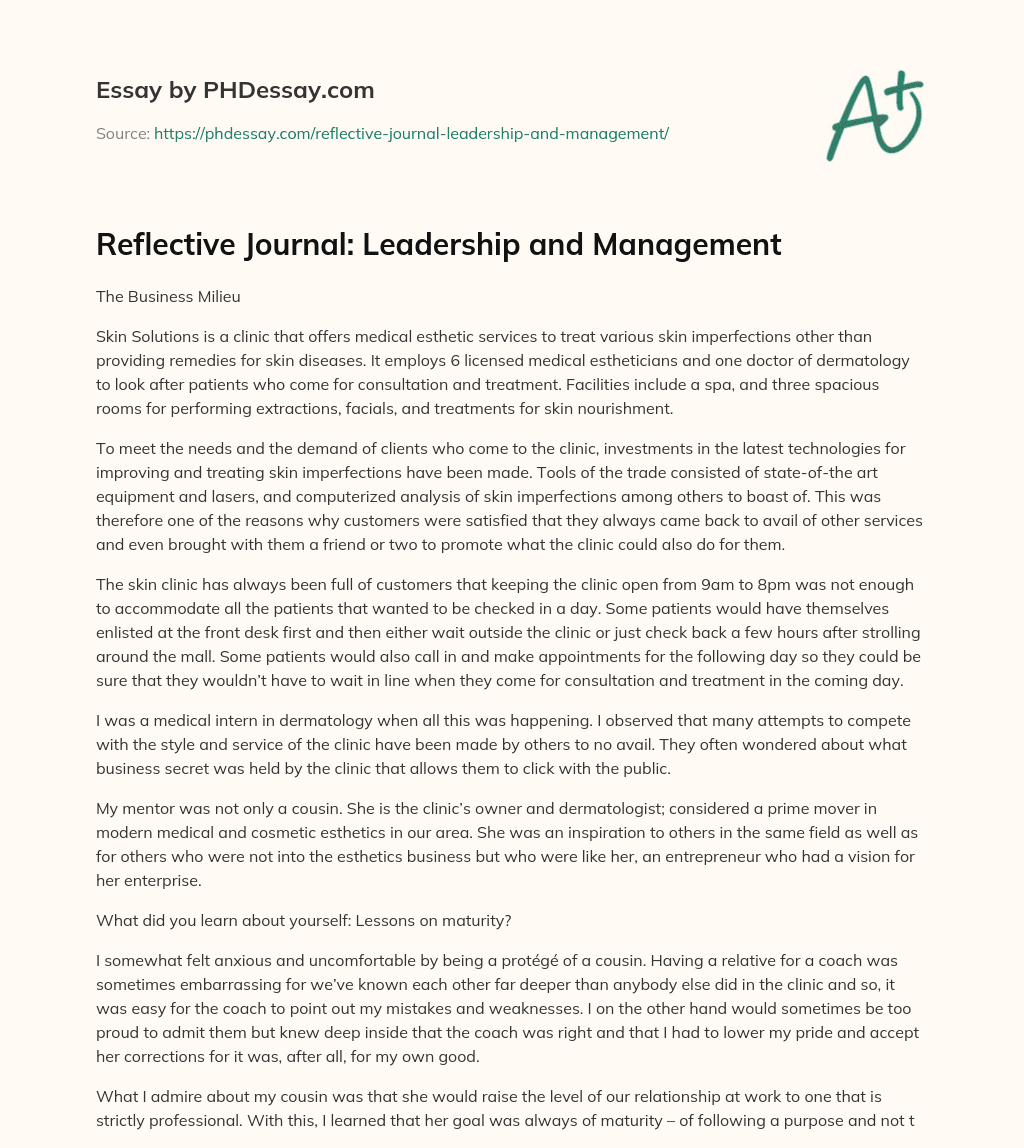 Reflective Journal: Leadership and Management - PHDessay.com