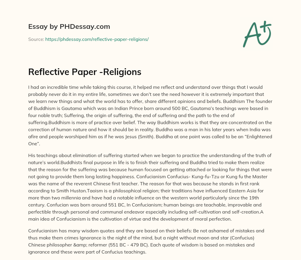 Reflective Paper -Religions (400 Words) - PHDessay.com