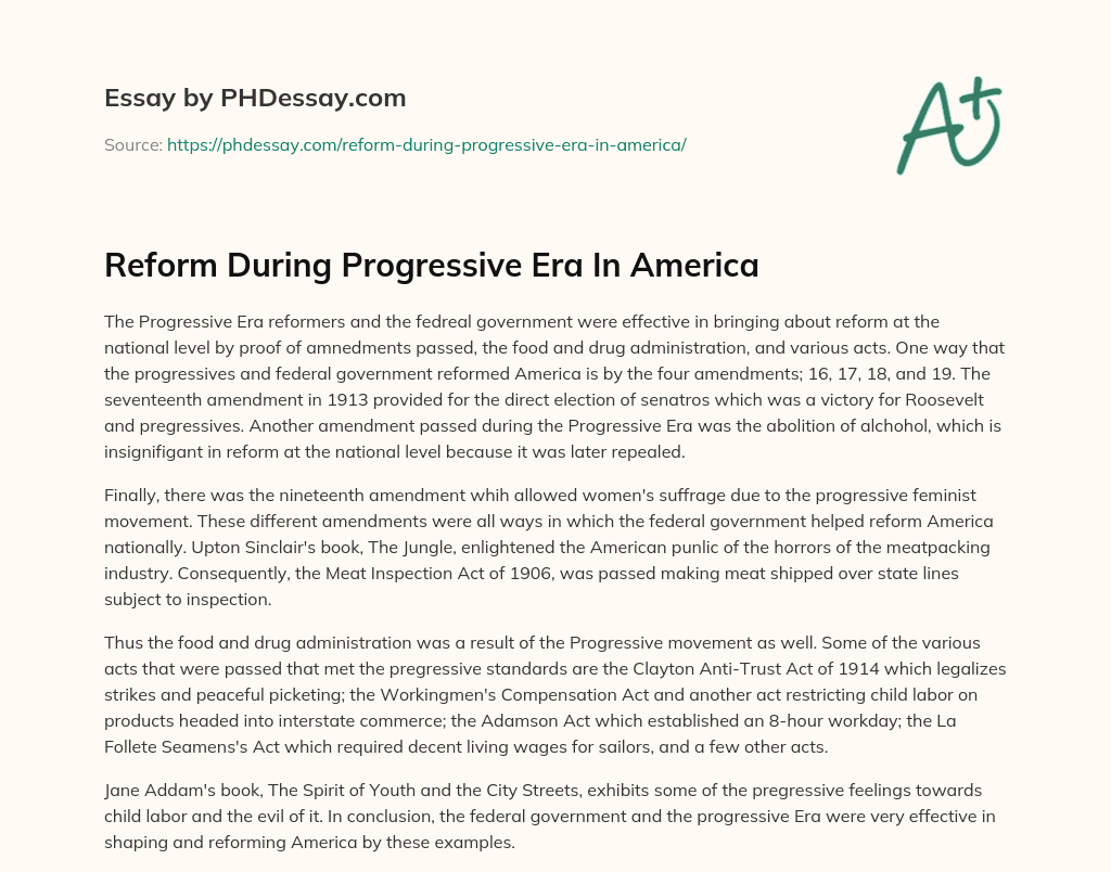 Reform During Progressive Era In America (300 Words) - PHDessay.com