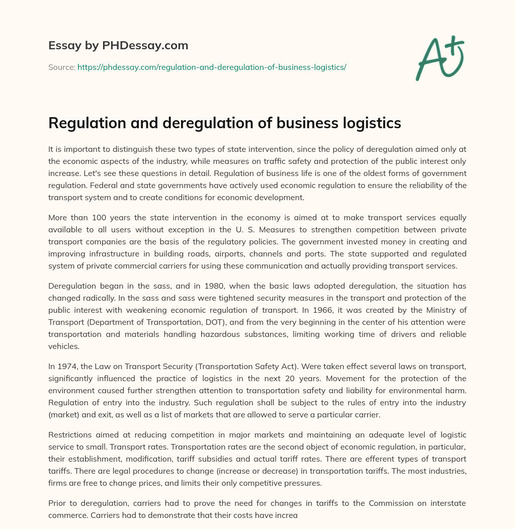 Regulation and deregulation of business logistics - PHDessay.com
