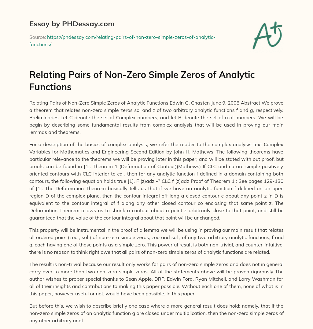 Relating Pairs of Non-Zero Simple Zeros of Analytic Functions ...