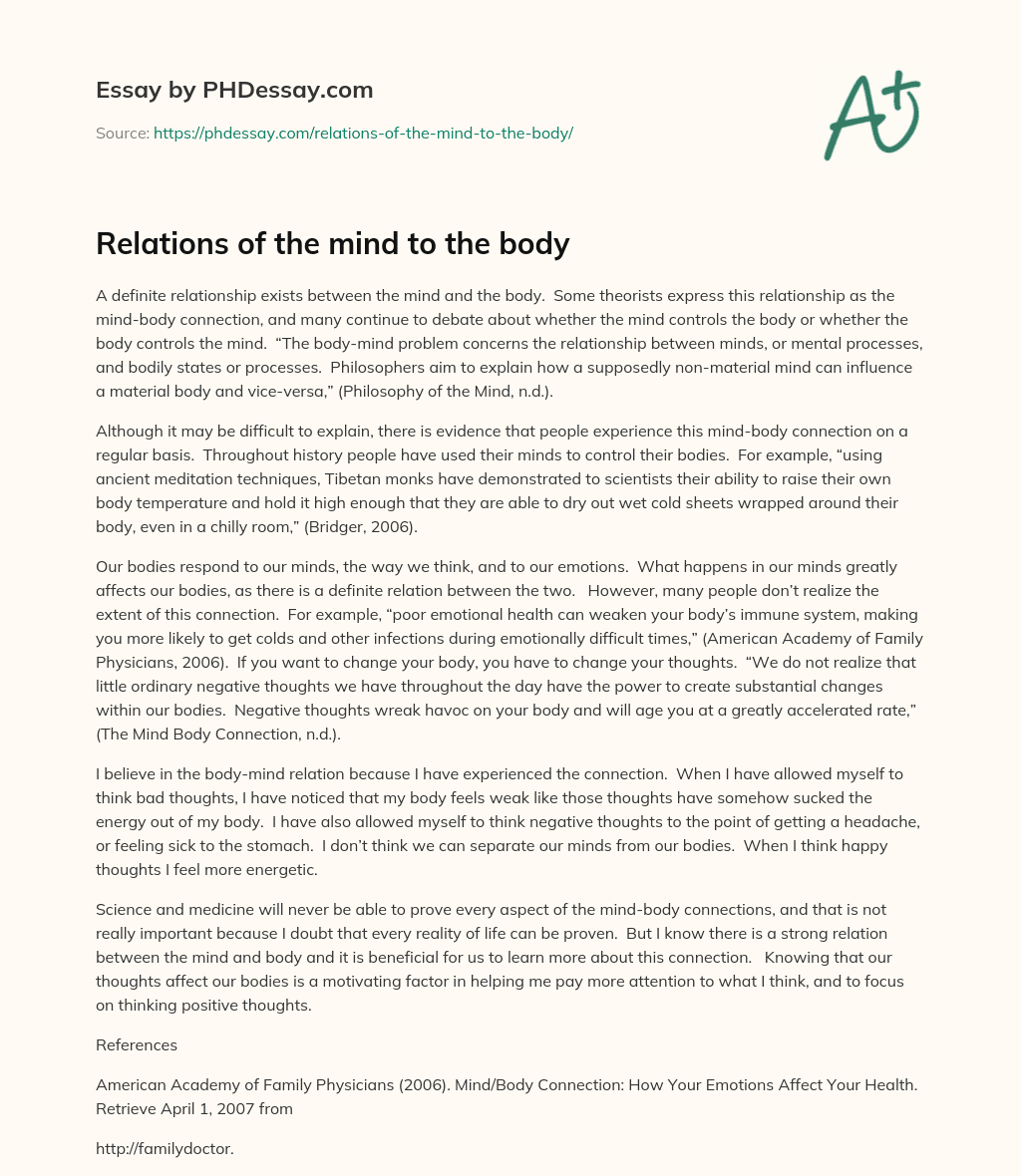 Relations of the mind to the body - PHDessay.com