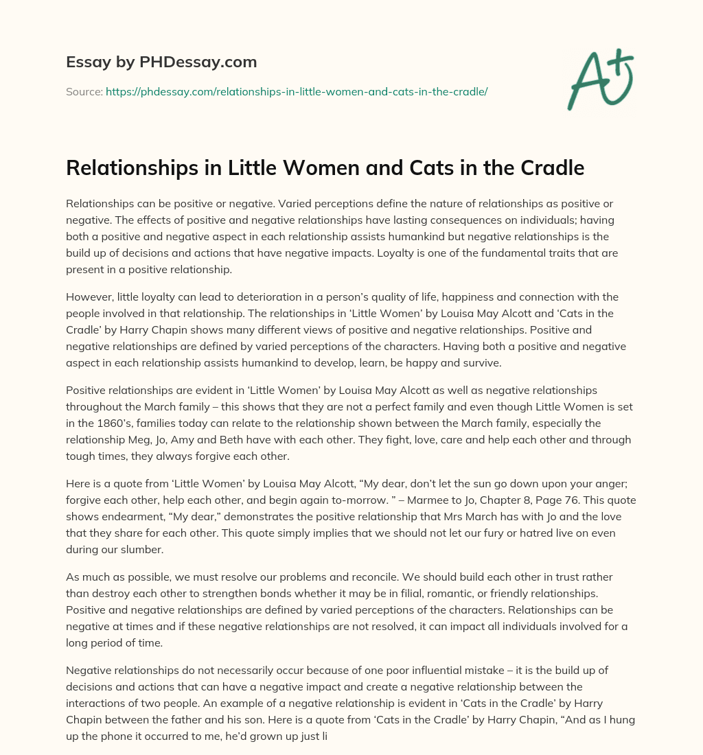 Relationships in Little Women and Cats in the Cradle - PHDessay.com