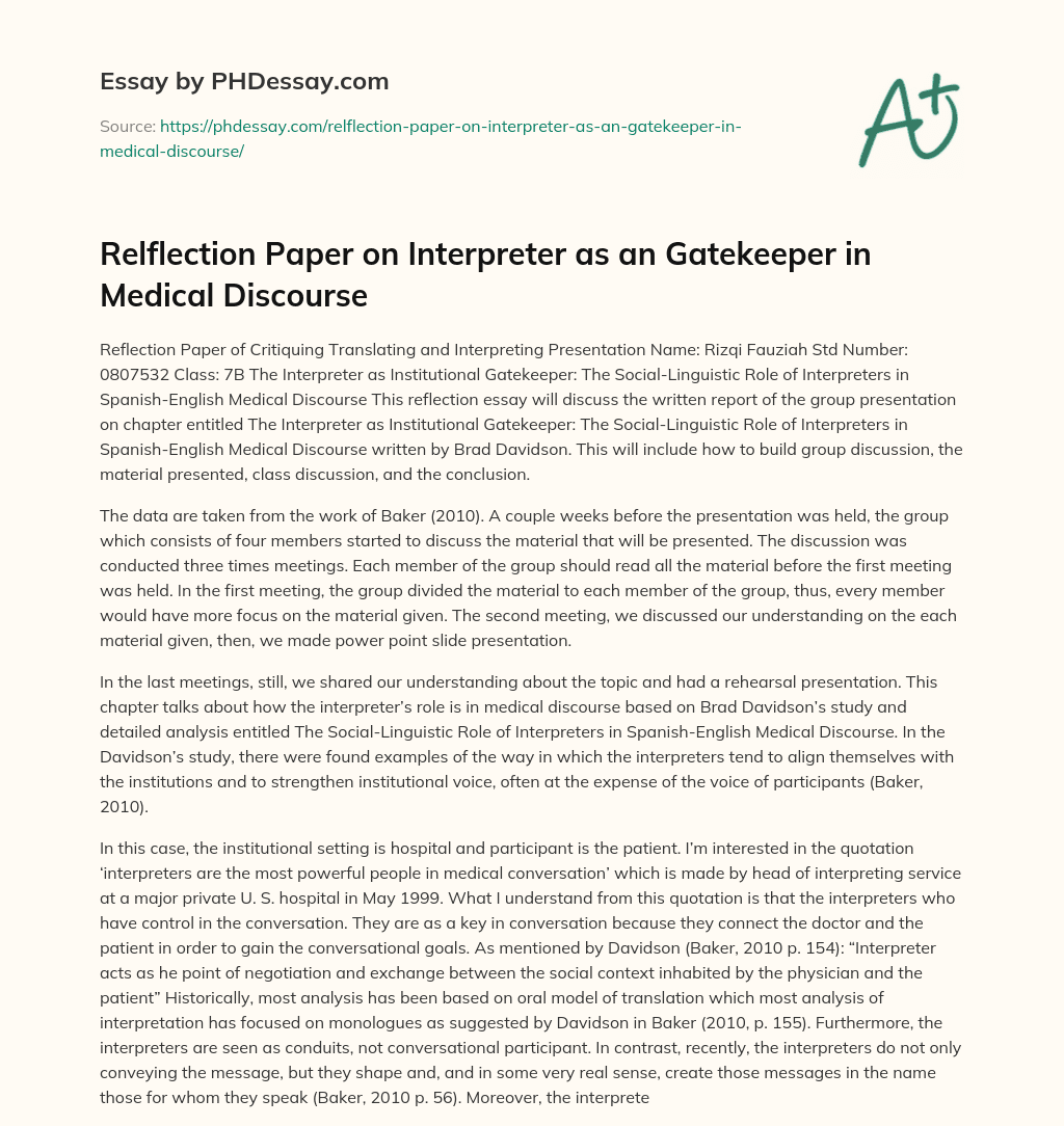 Relflection Paper on Interpreter as an Gatekeeper in Medical Discourse ...