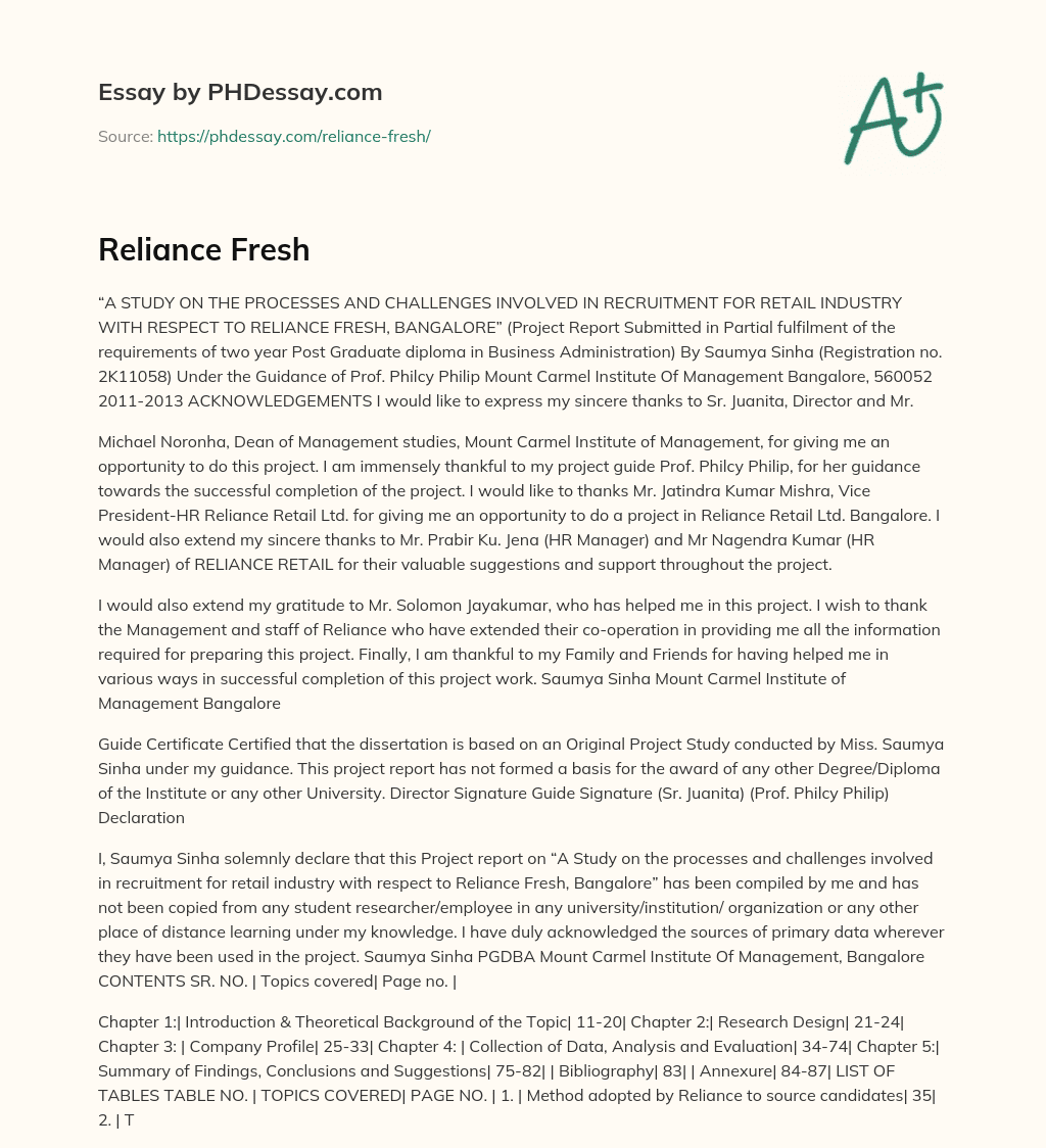 Reliance Fresh Process Example - PHDessay.com