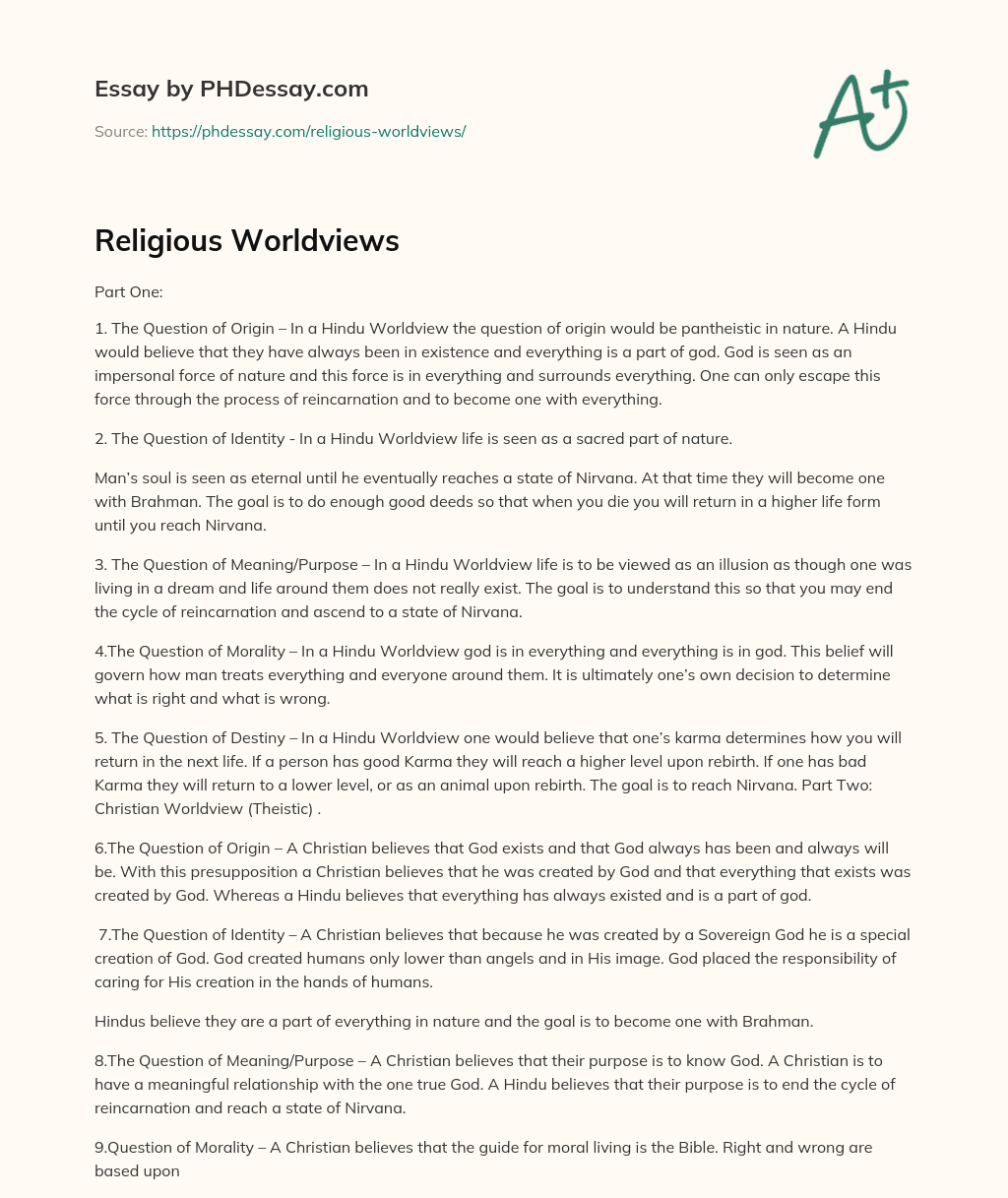 Religious Worldviews (600 Words) - PHDessay.com