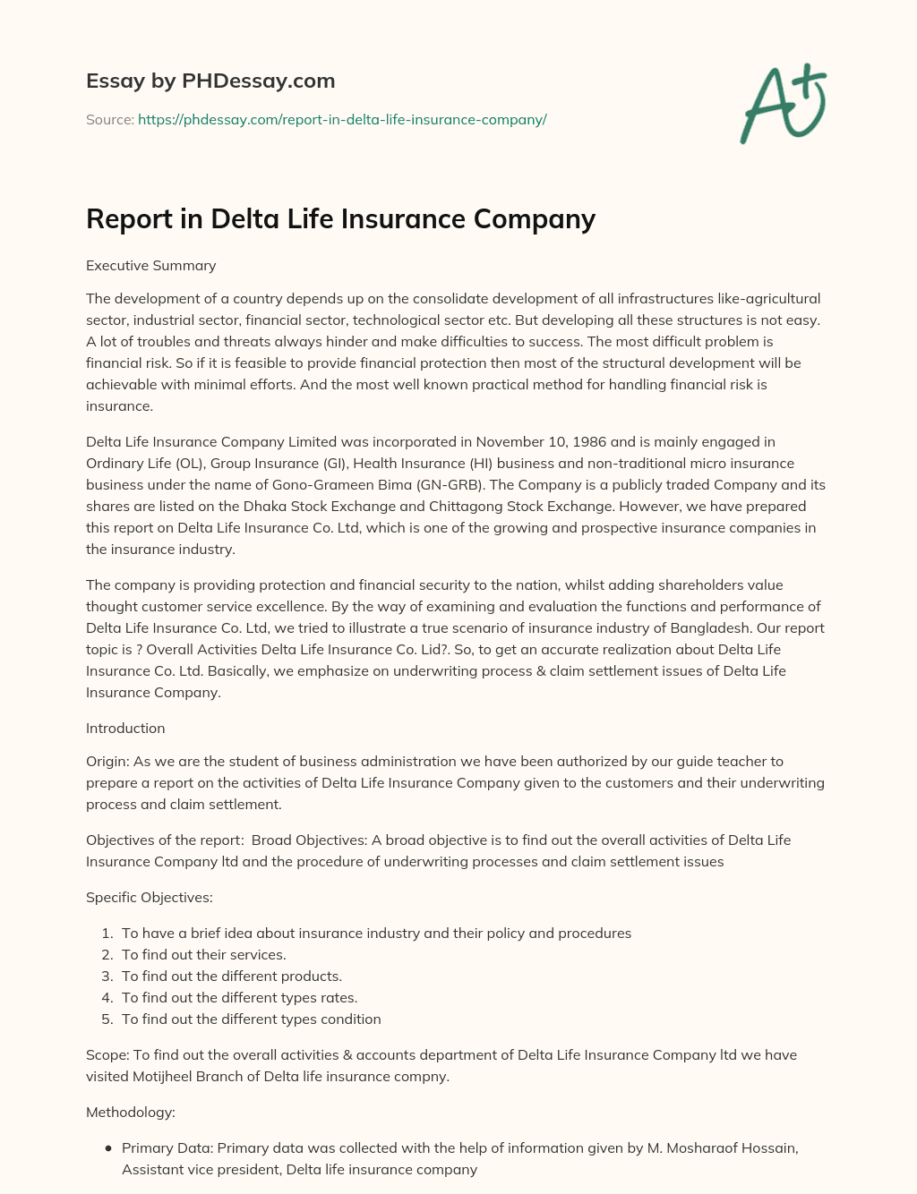 Report in Delta Life Insurance Company - PHDessay.com