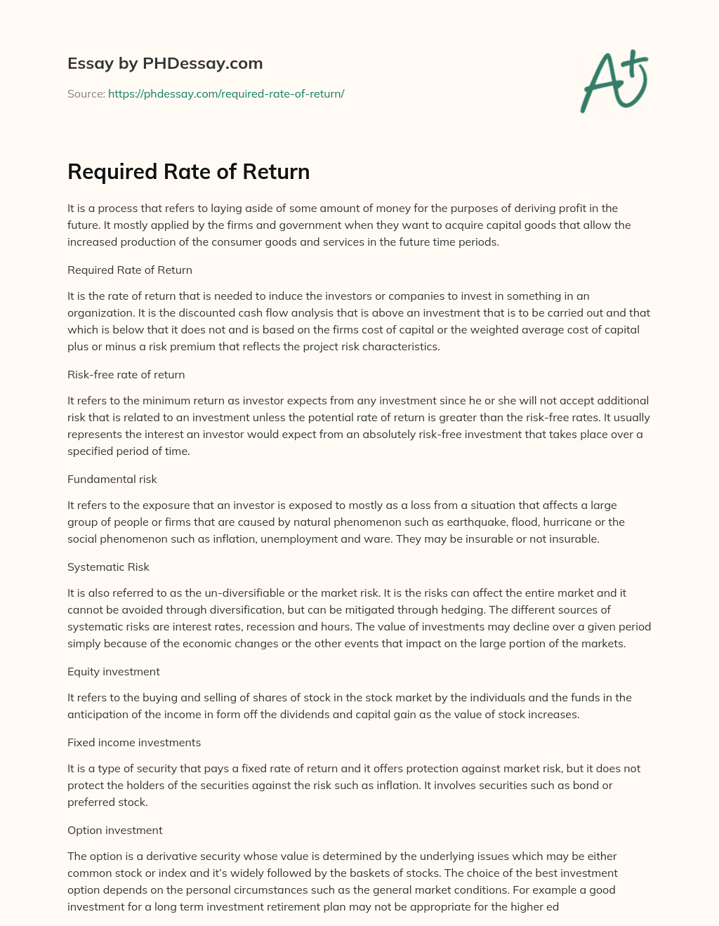 Required Rate of Return - PHDessay.com