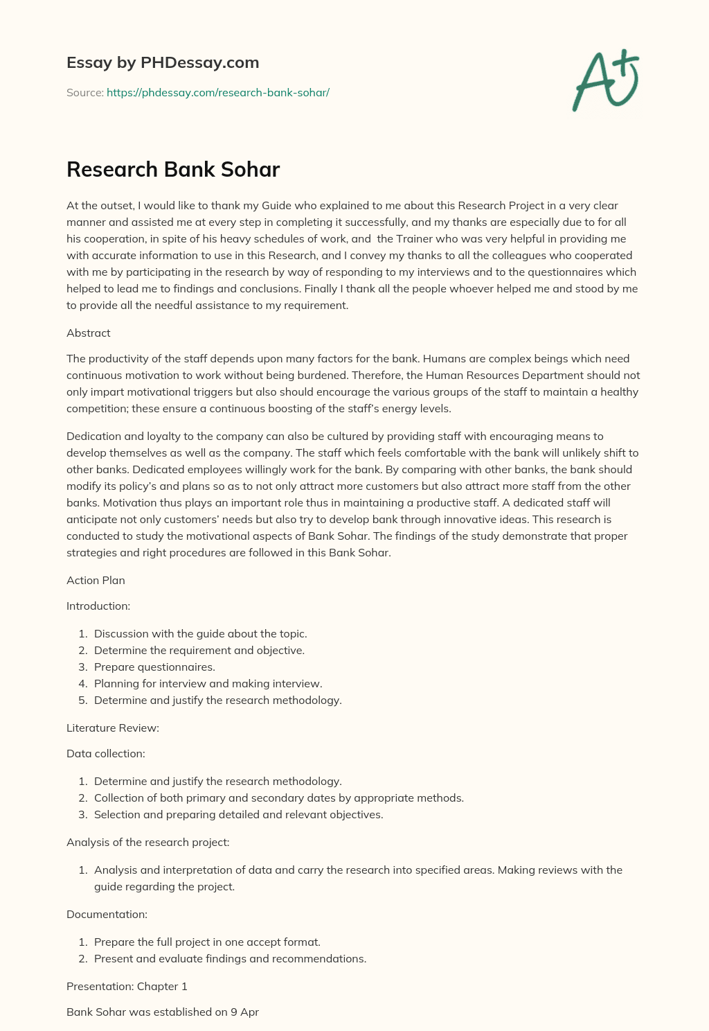Research Bank Sohar Essay Example - PHDessay.com