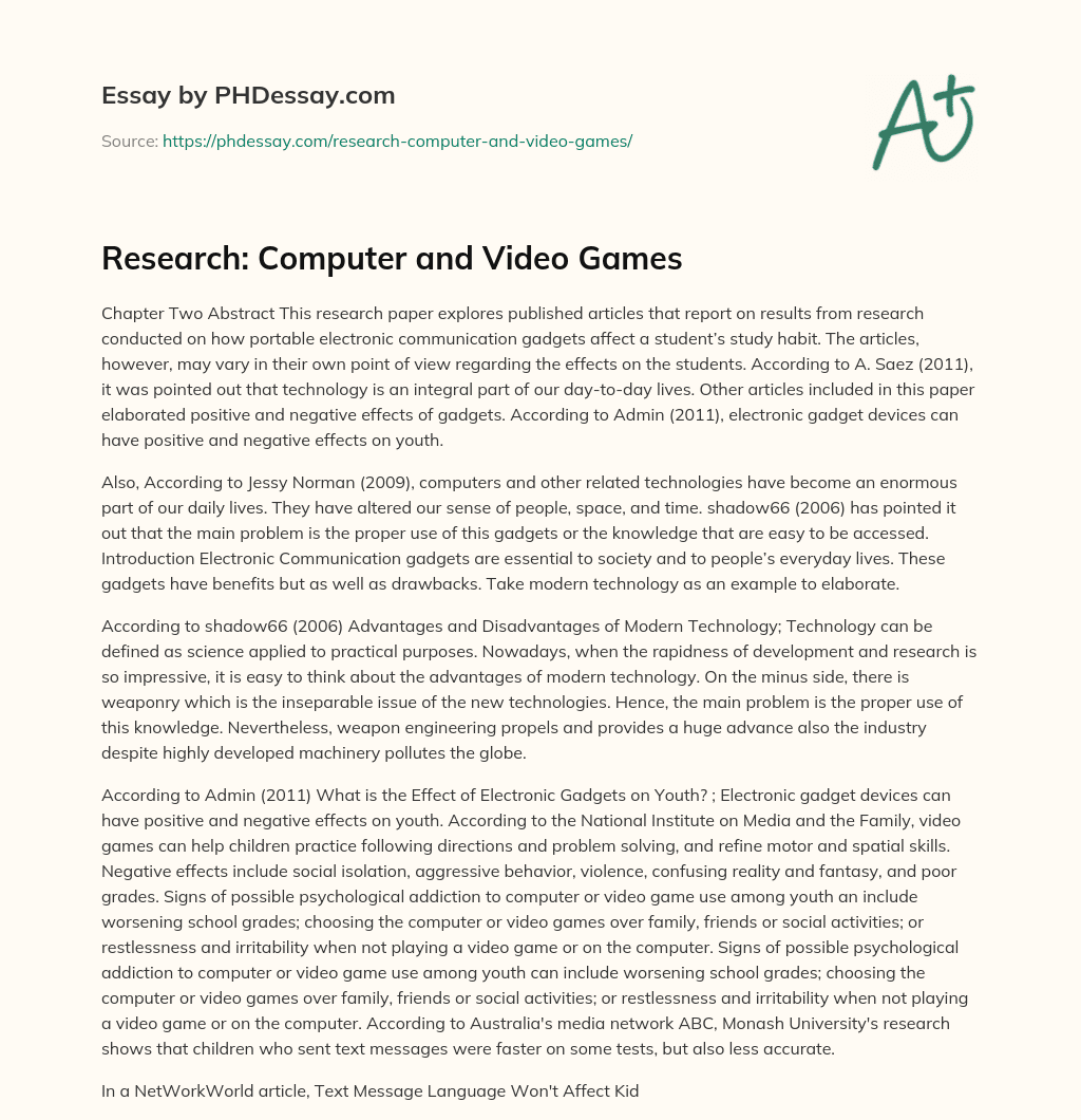 Research: Computer and Video Games - PHDessay.com