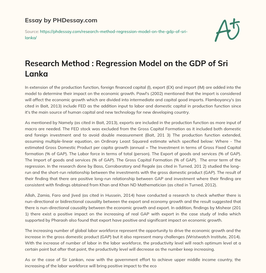 Research Method : Regression Model on the GDP of Sri Lanka (600 Words ...