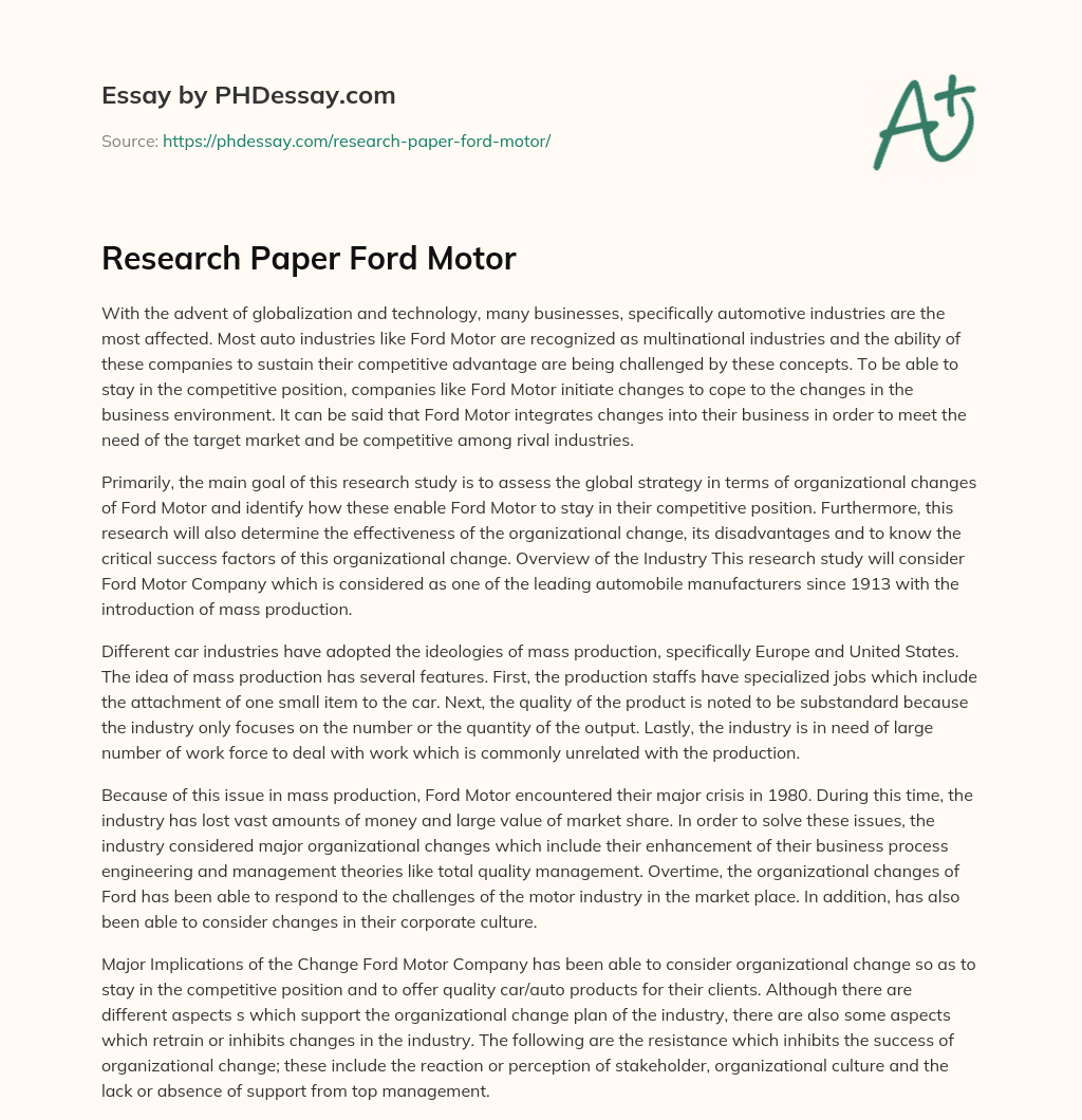 Research Paper Ford Motor - PHDessay.com