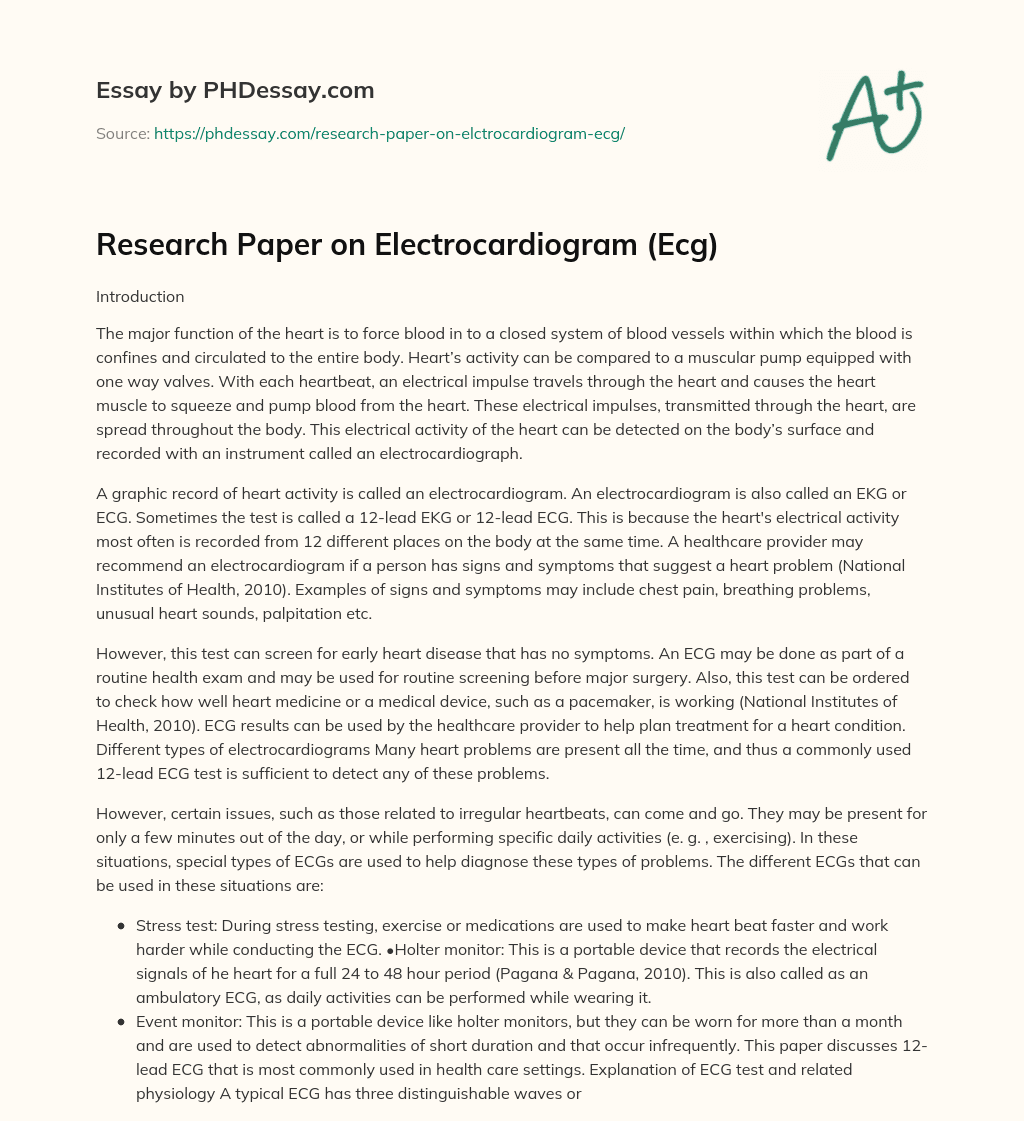 Research Paper On Electrocardiogram (Ecg) Essay Example - PHDessay.com