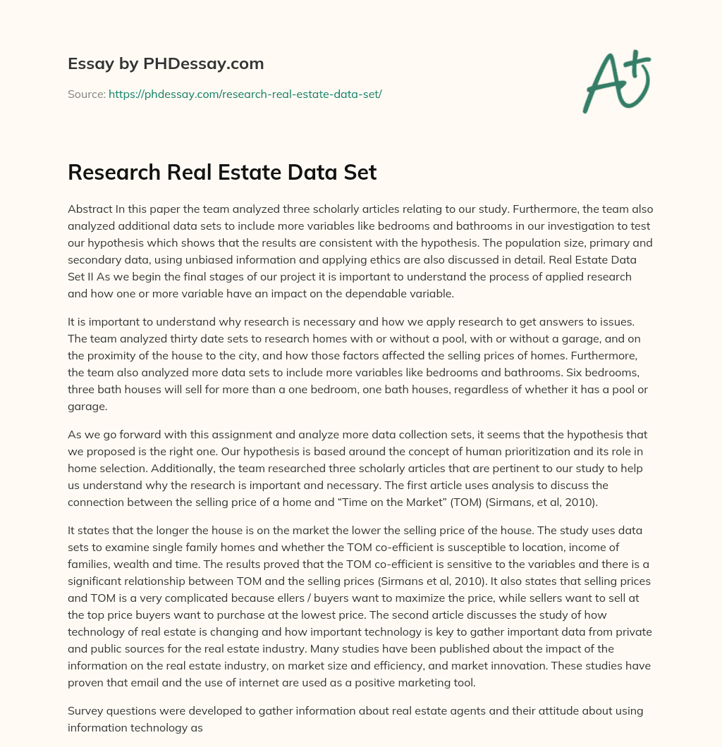 Research Real Estate Data Set - PHDessay.com