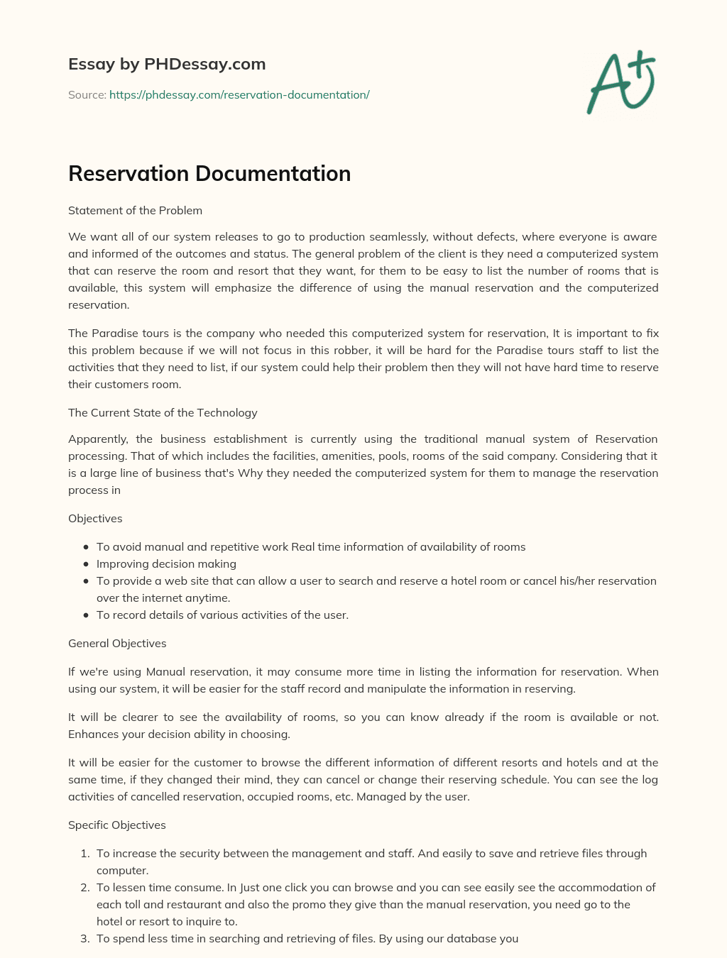 Reservation Documentation - PHDessay.com