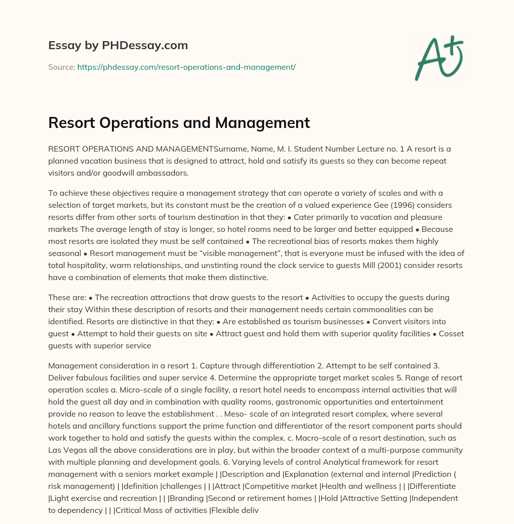 Resort Operations And Management Definition Example - PHDessay.com