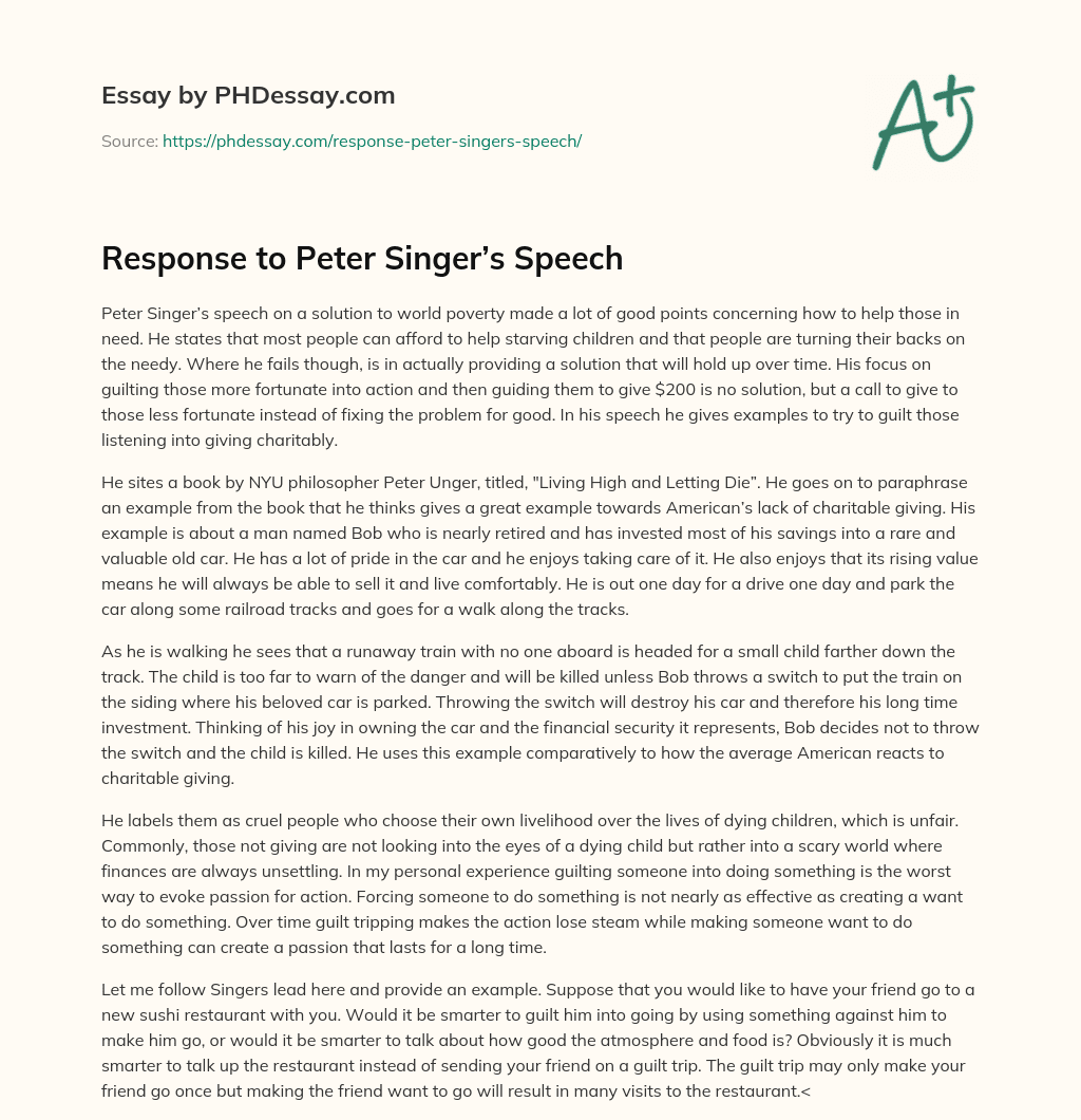 Response to Peter Singer’s Speech - PHDessay.com