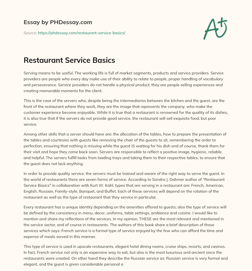 Restaurant Service Basics Essay Example - PHDessay.com