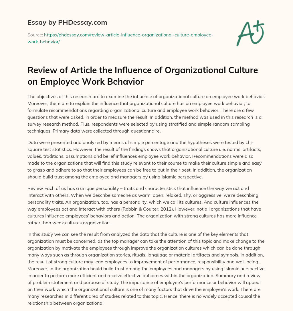 Review of Article the Influence of Organizational Culture on Employee ...