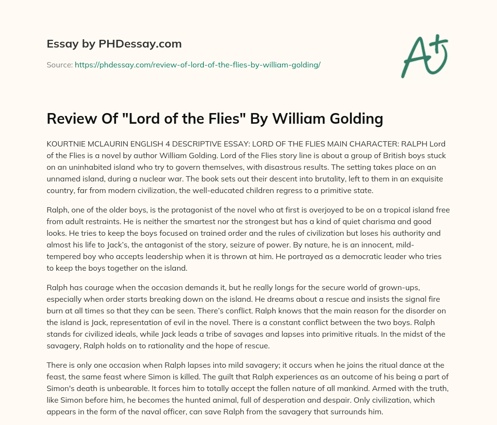Review Of "Lord of the Flies" By William Golding (400 Words) - PHDessay.com