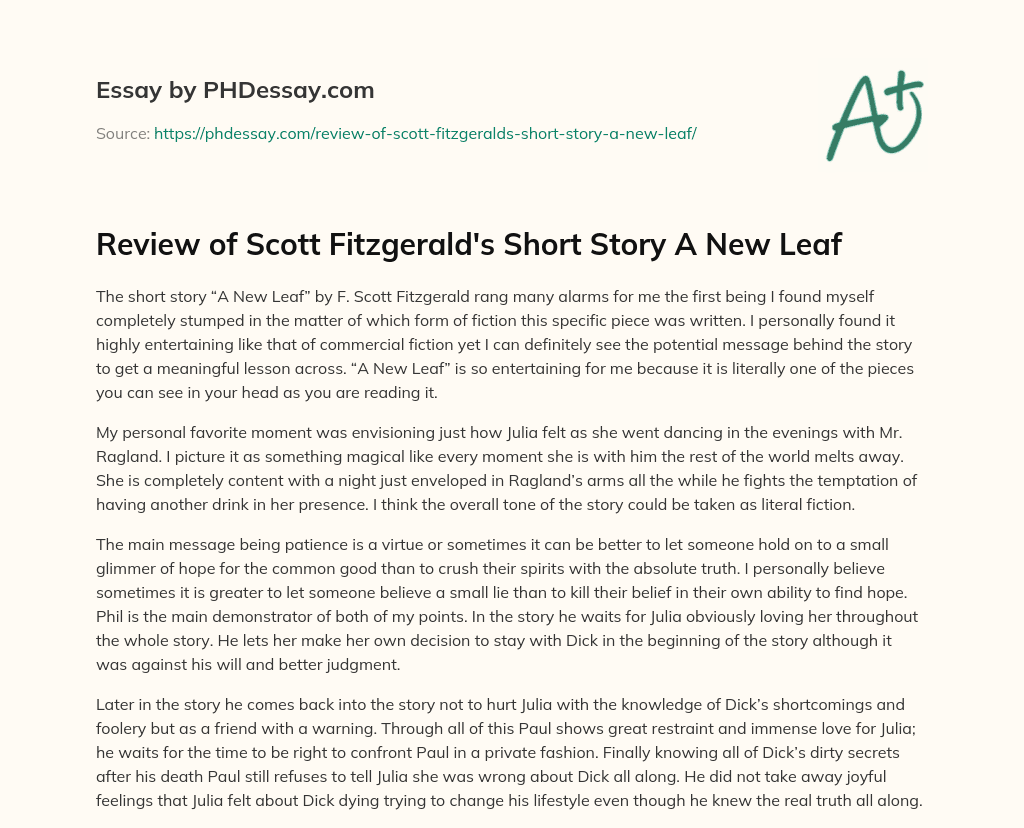 Review Of Scott Fitzgerald'S Short Story A New Leaf Summary Example ...