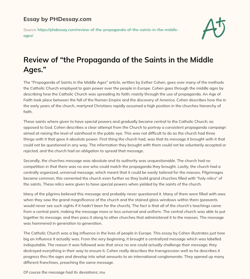Review of “the Propaganda of the Saints in the Middle Ages.” - PHDessay.com