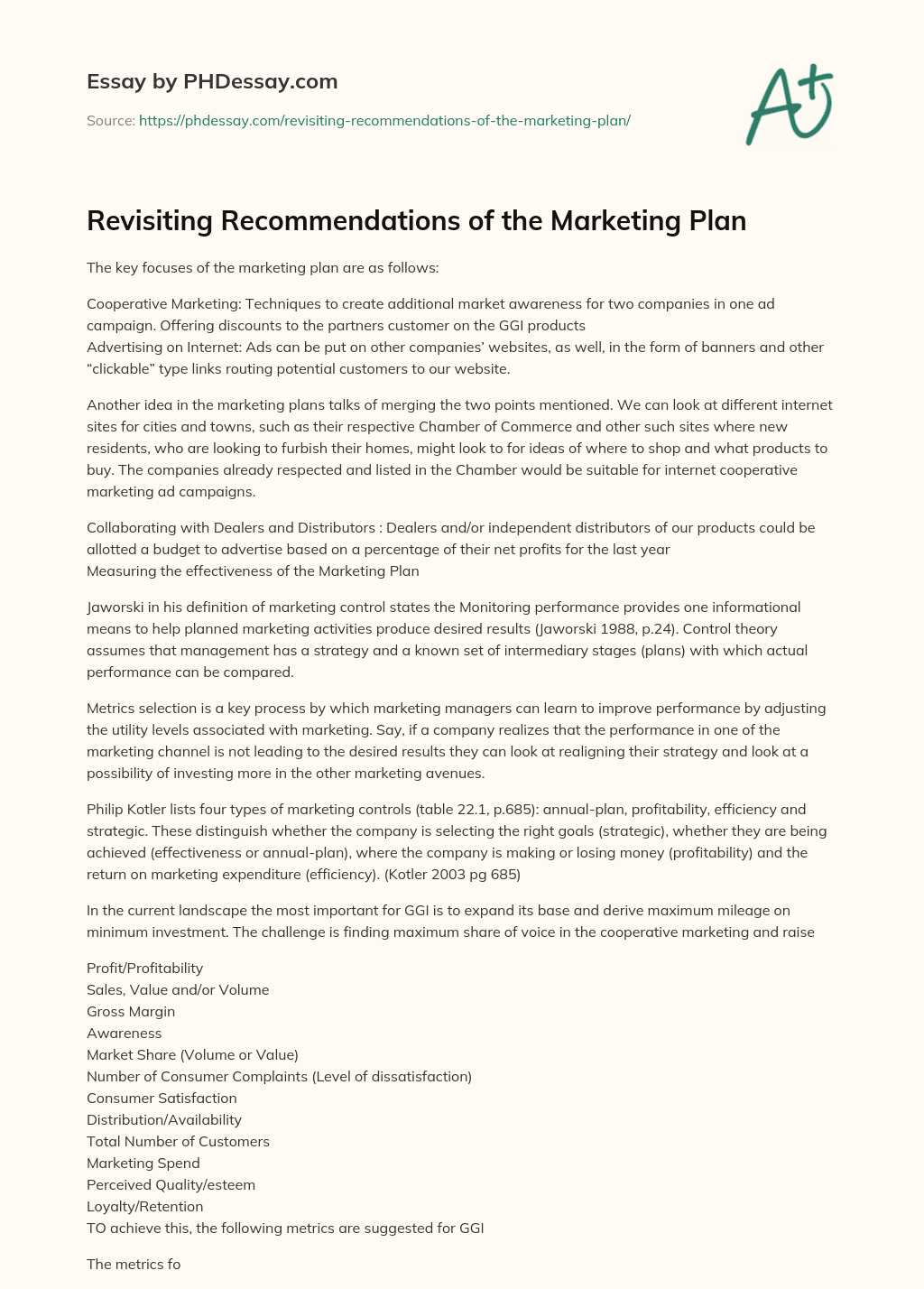 Revisiting Recommendations of the Marketing Plan - PHDessay.com