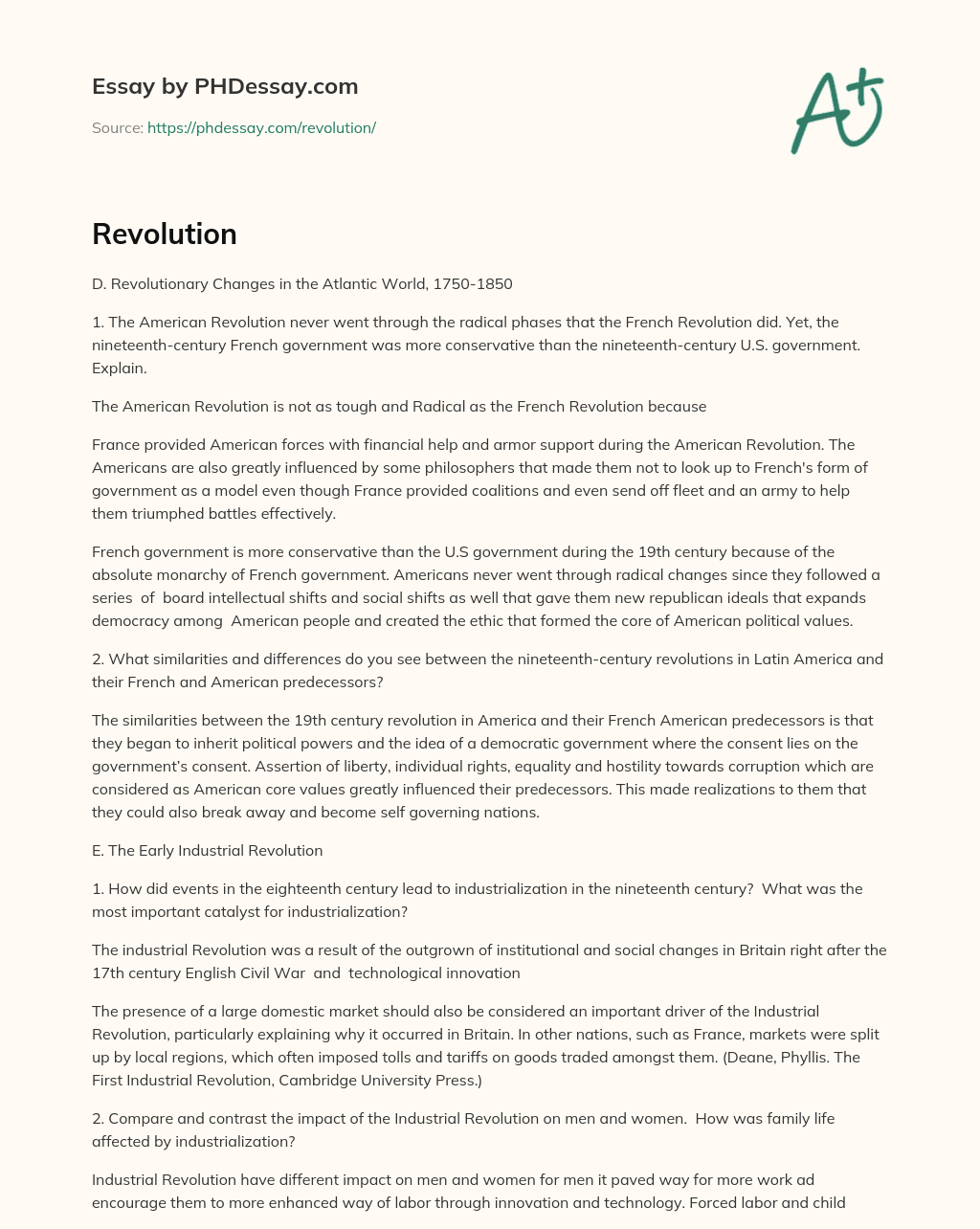 Revolution (500 Words) - PHDessay.com