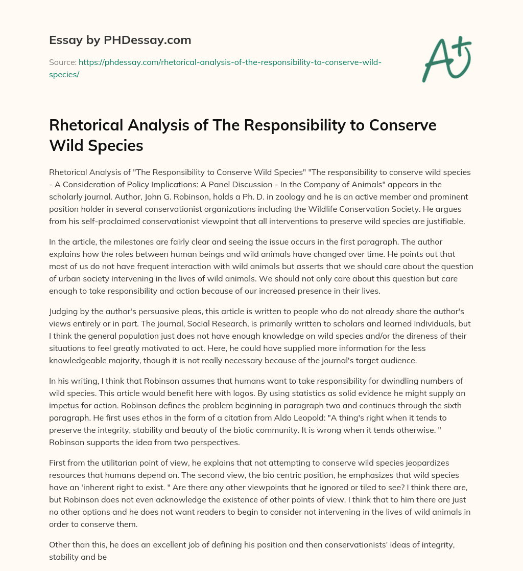 Rhetorical Analysis of The Responsibility to Conserve Wild Species ...