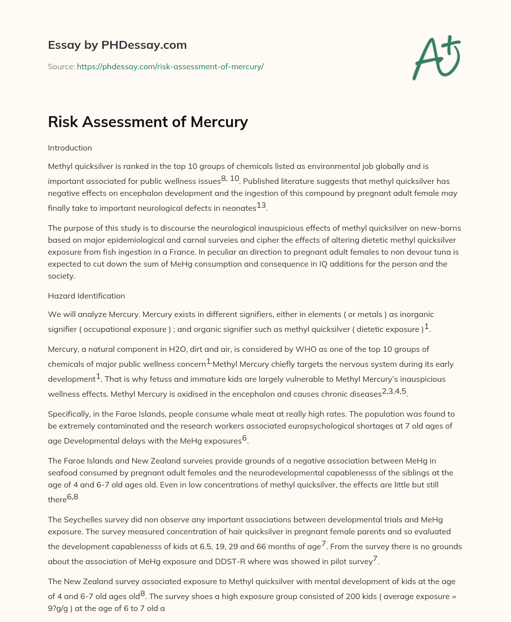 Risk Assessment of Mercury - PHDessay.com
