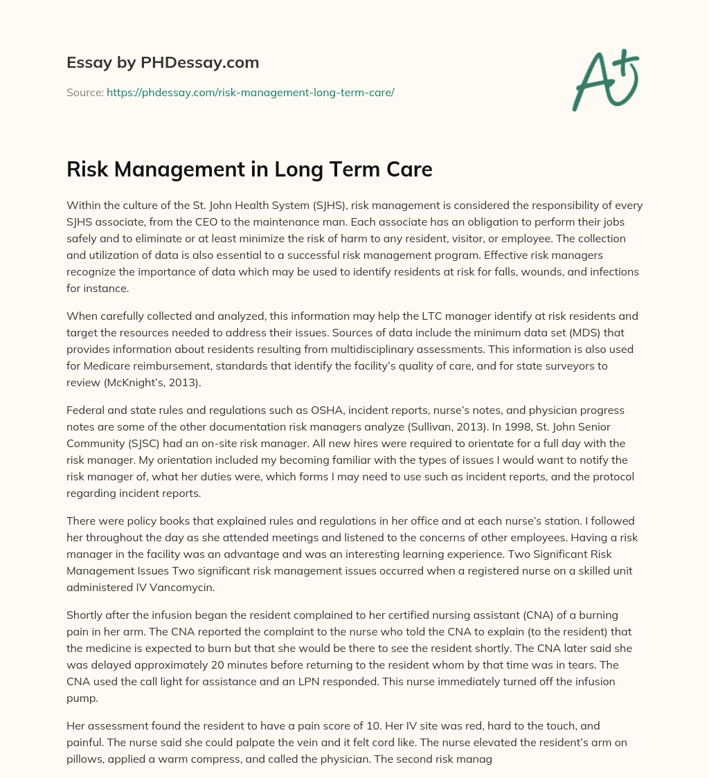 Risk Management in Long Term Care - PHDessay.com