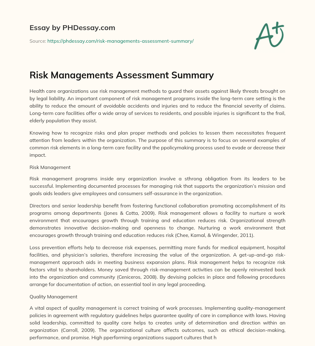 Risk Managements Assessment Summary - PHDessay.com