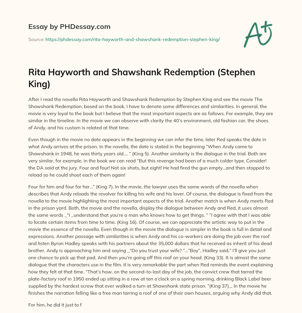 Rita Hayworth and Shawshank Redemption (Stephen King) - PHDessay.com