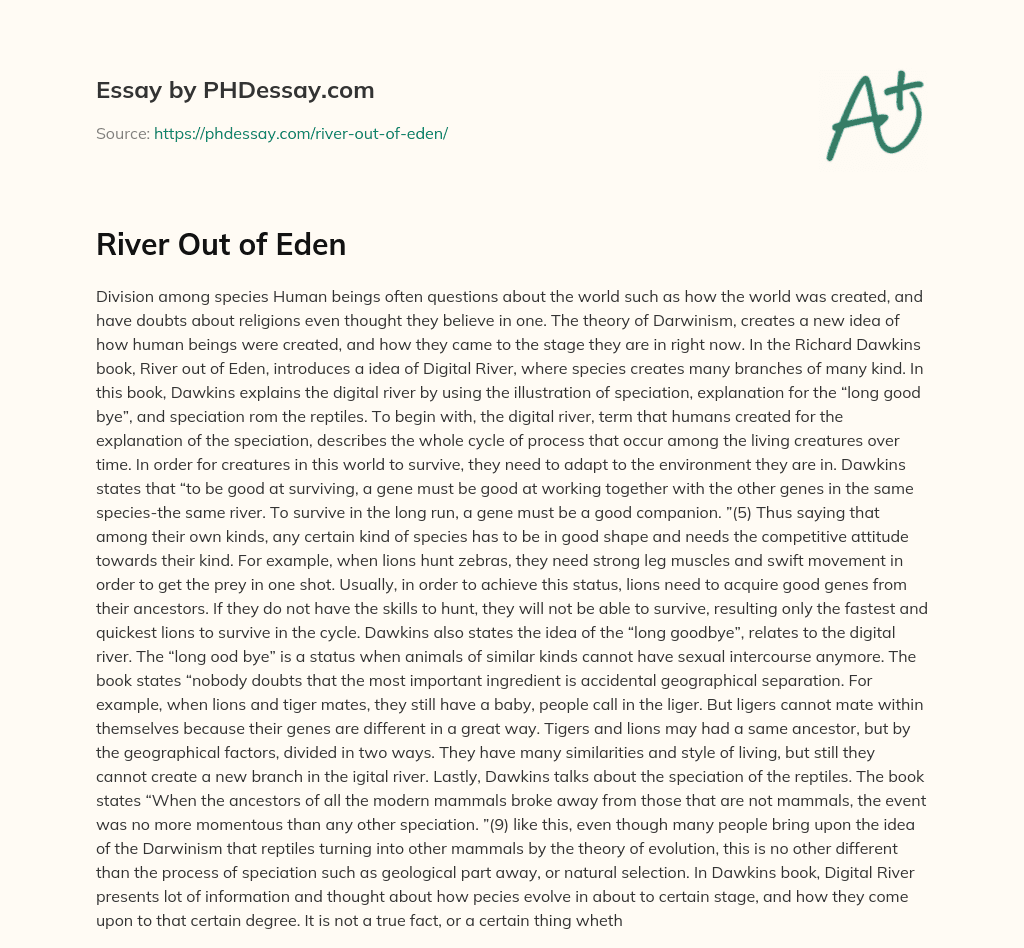 River Out of Eden (600 Words) - PHDessay.com
