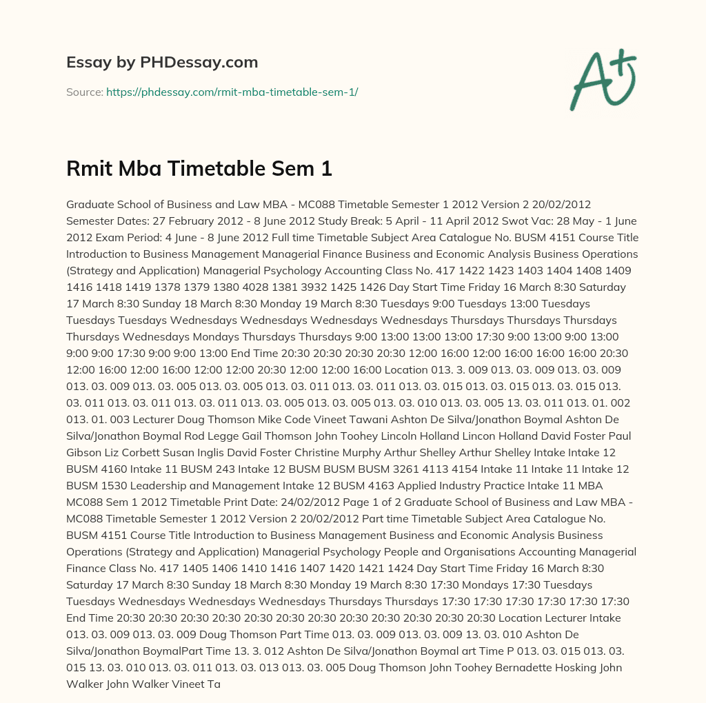 Rmit Mba Timetable Sem 1 - PHDessay.com