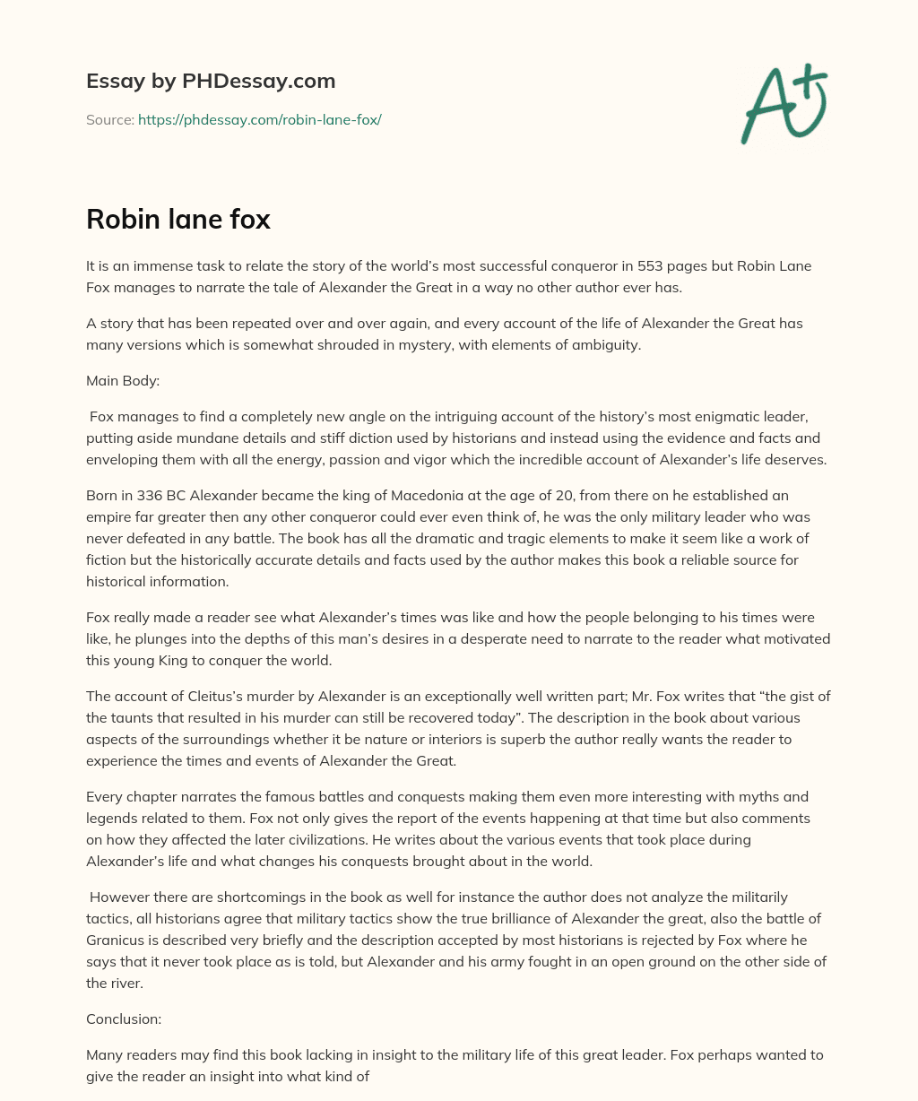 Robin lane fox (600 Words) - PHDessay.com
