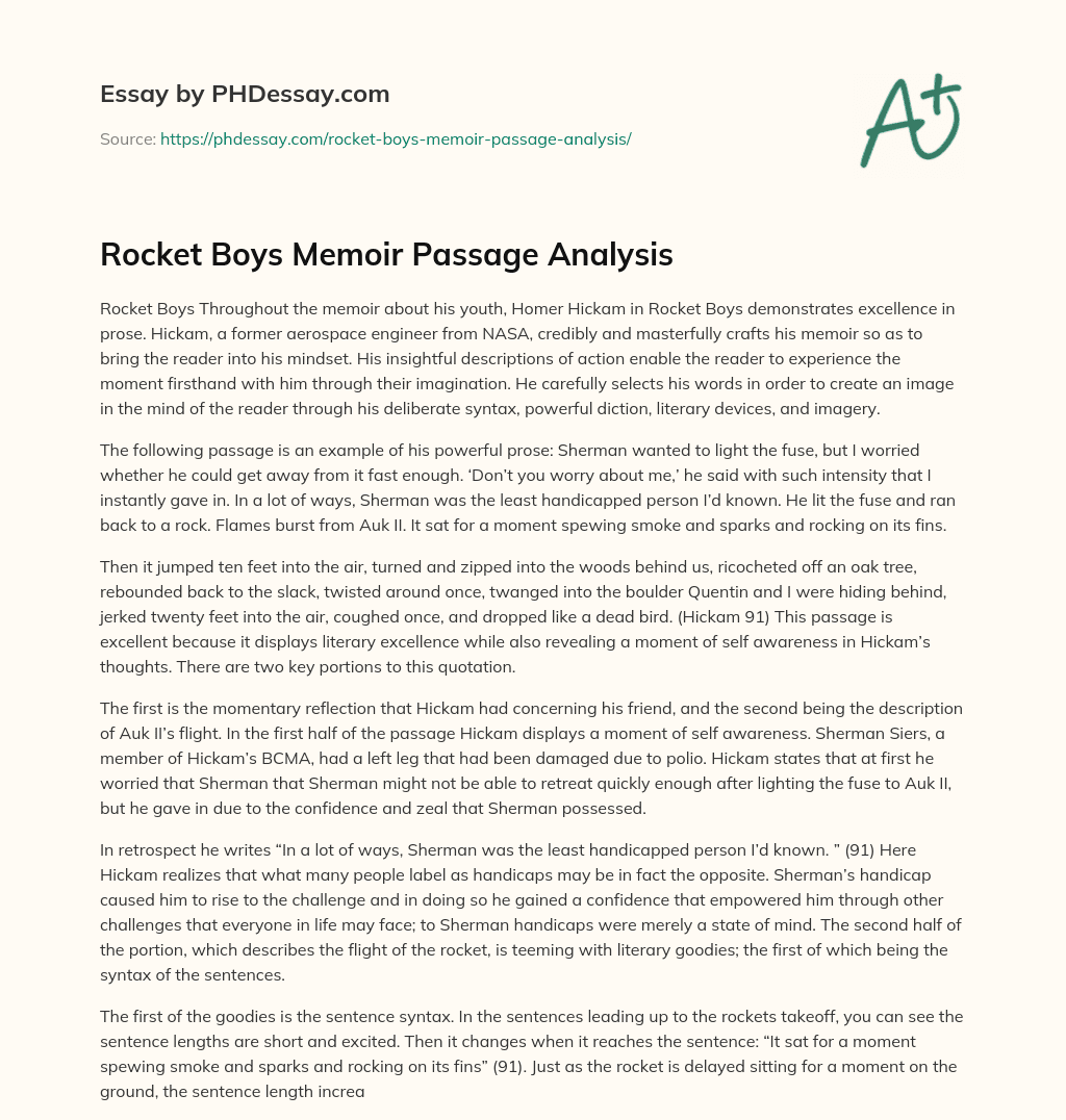 Rocket Boys Memoir Passage Analysis - PHDessay.com