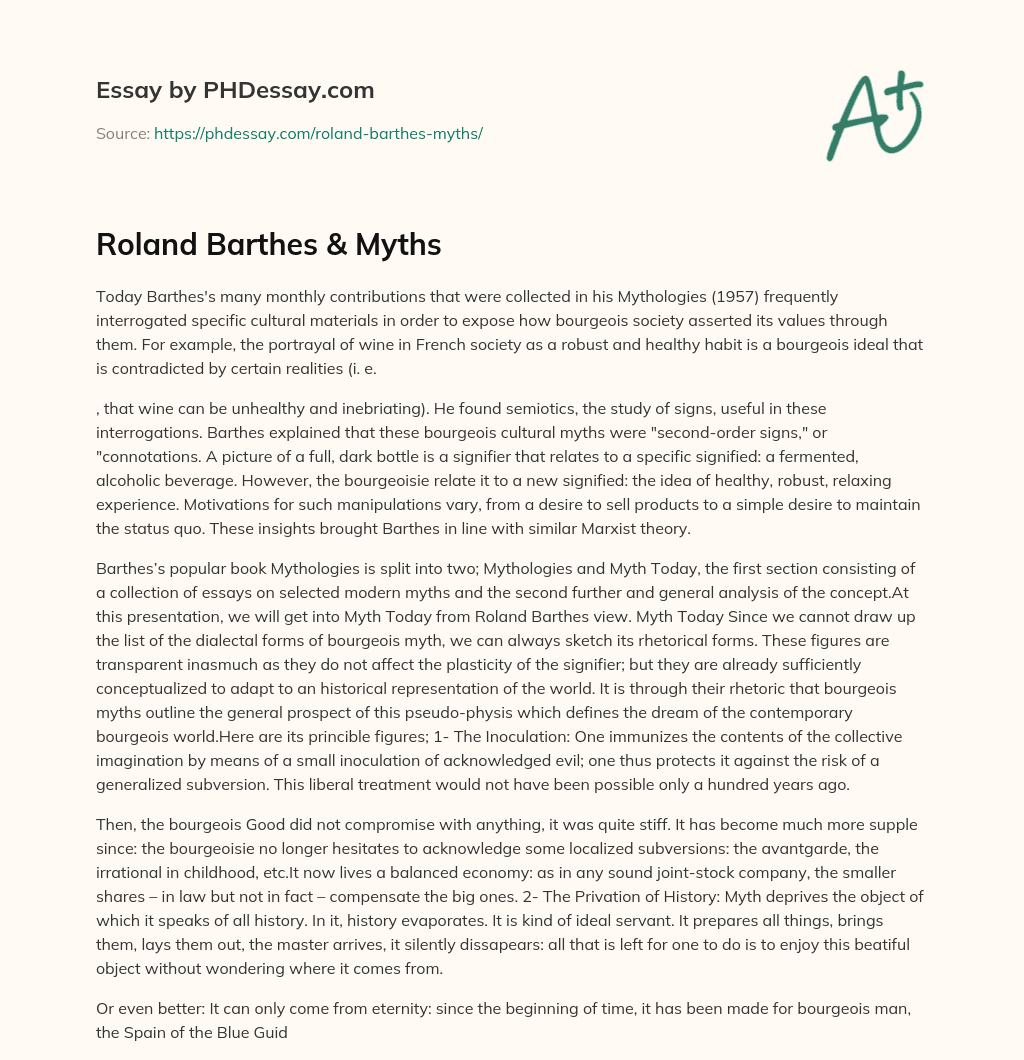 Roland Barthes & Myths - PHDessay.com