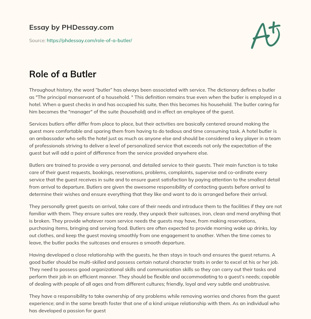Role Of A Butler Definition Essay Example (500 Words) - PHDessay.com
