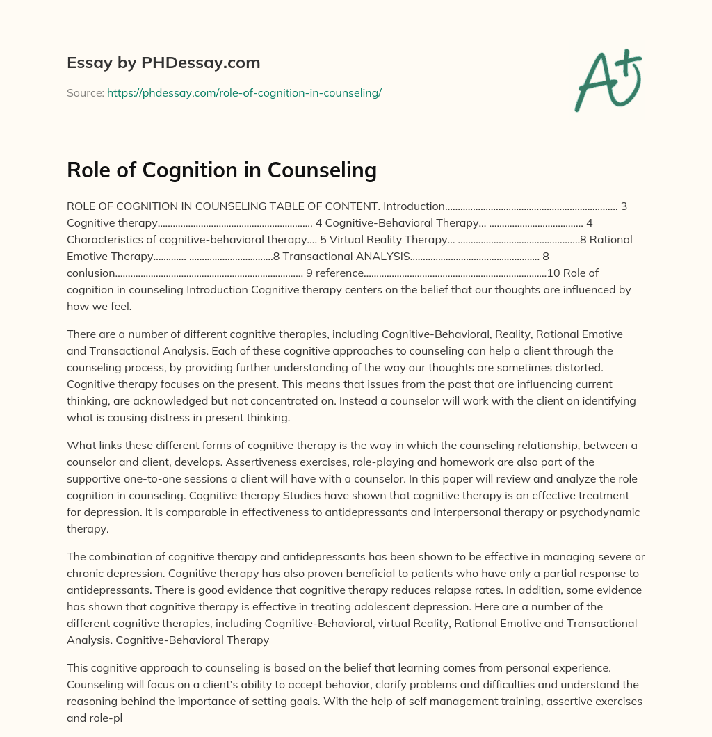 Role of Cognition in Counseling - PHDessay.com