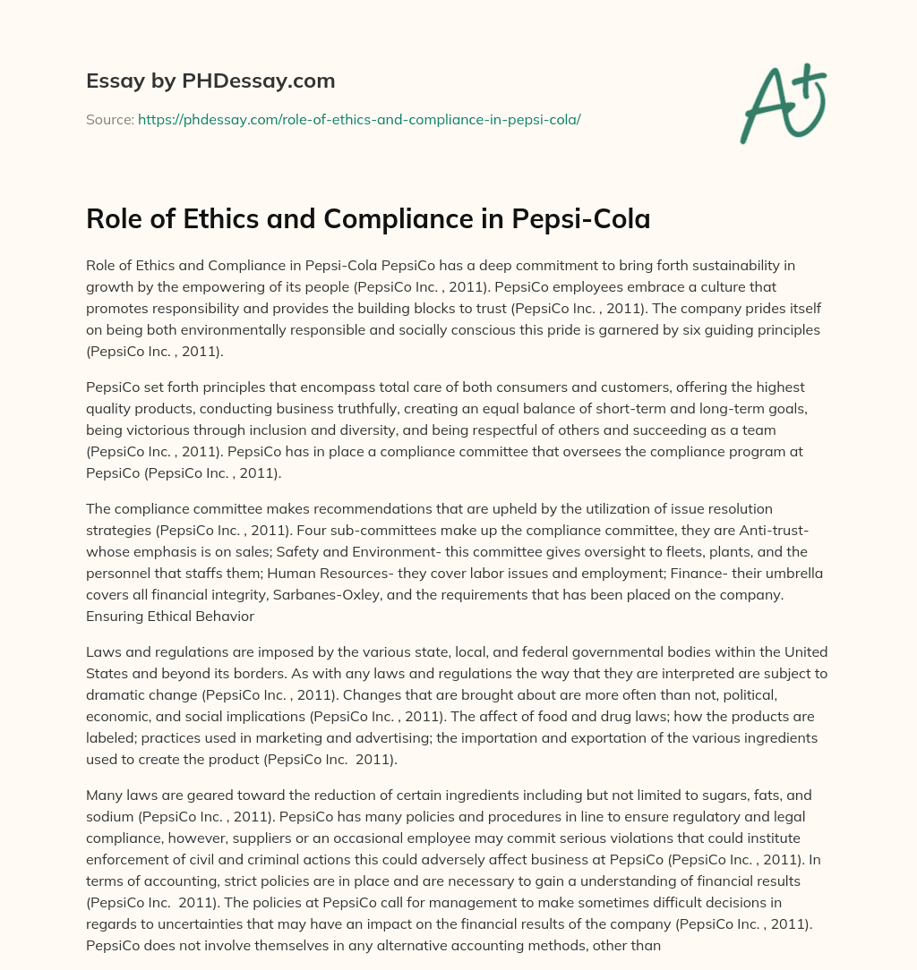 Role of Ethics and Compliance in Pepsi-Cola - PHDessay.com