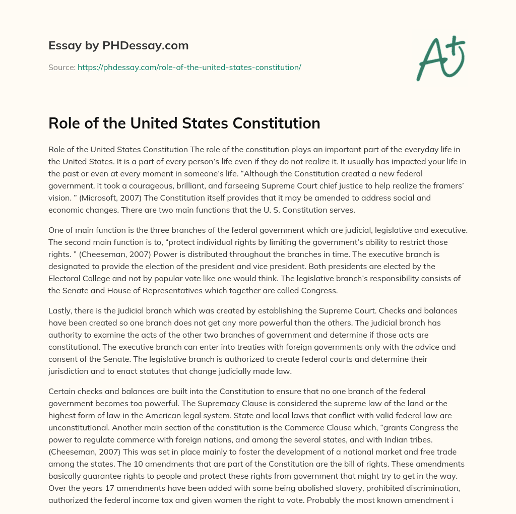 Role of the United States Constitution - PHDessay.com