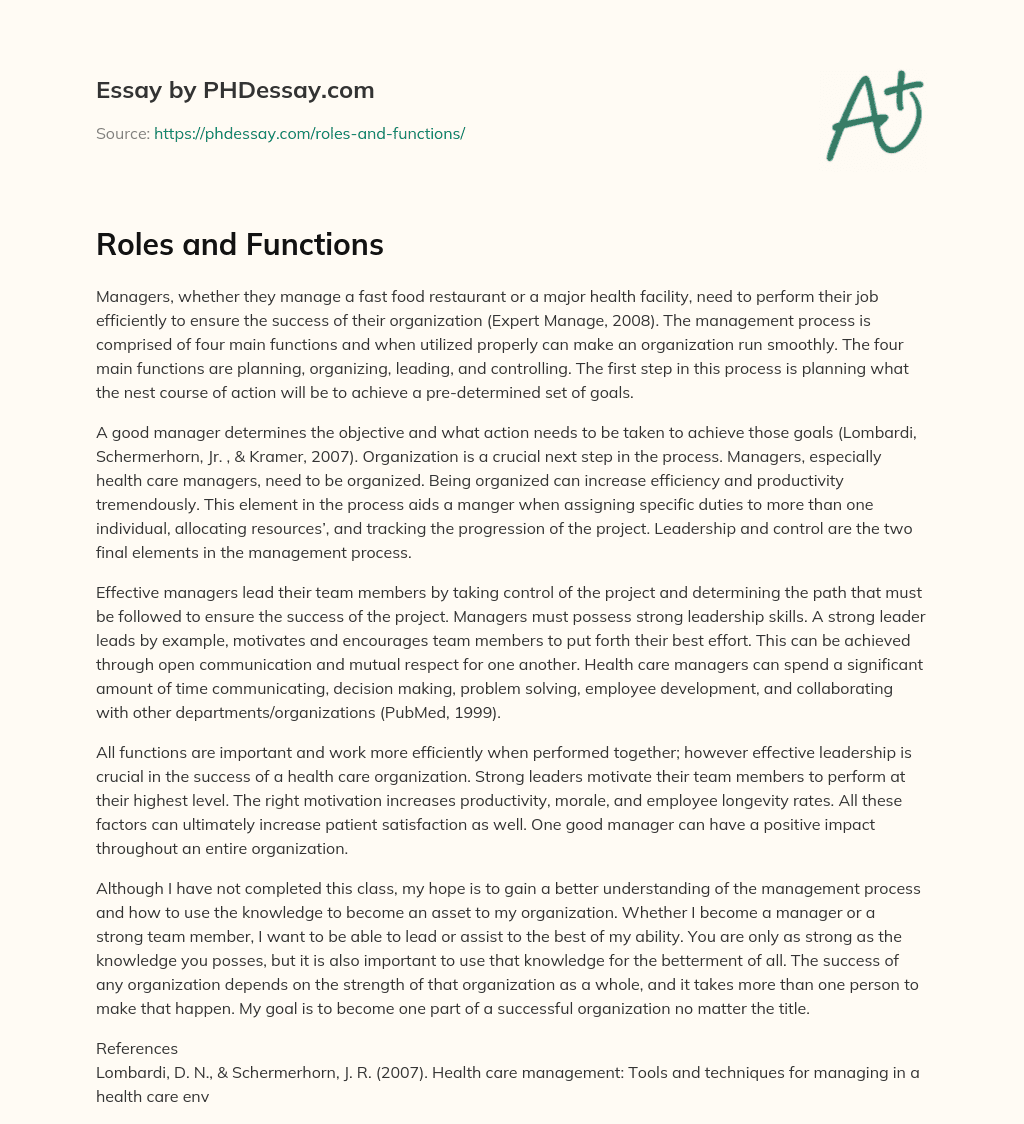 Roles and Functions (500 Words) - PHDessay.com