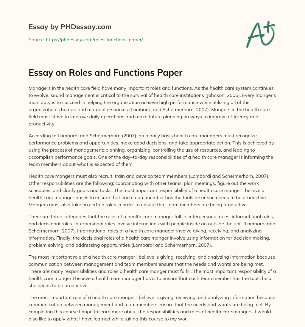 Essay on Roles and Functions Paper (500 Words) - PHDessay.com