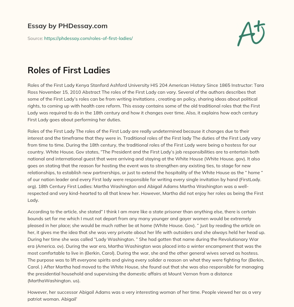 Roles of First Ladies - PHDessay.com